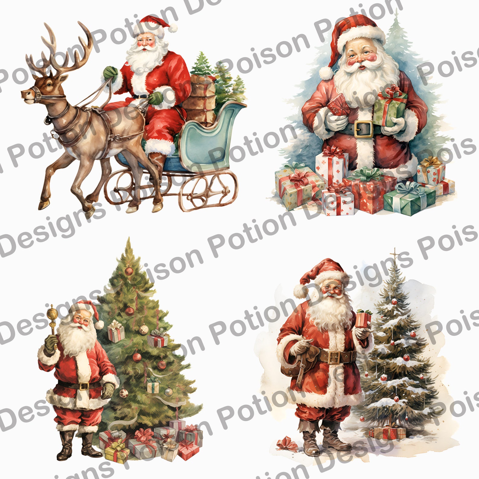 Vintage Santa Claus Clipart, Retro Watercolor Christmas PNG Clipart ...