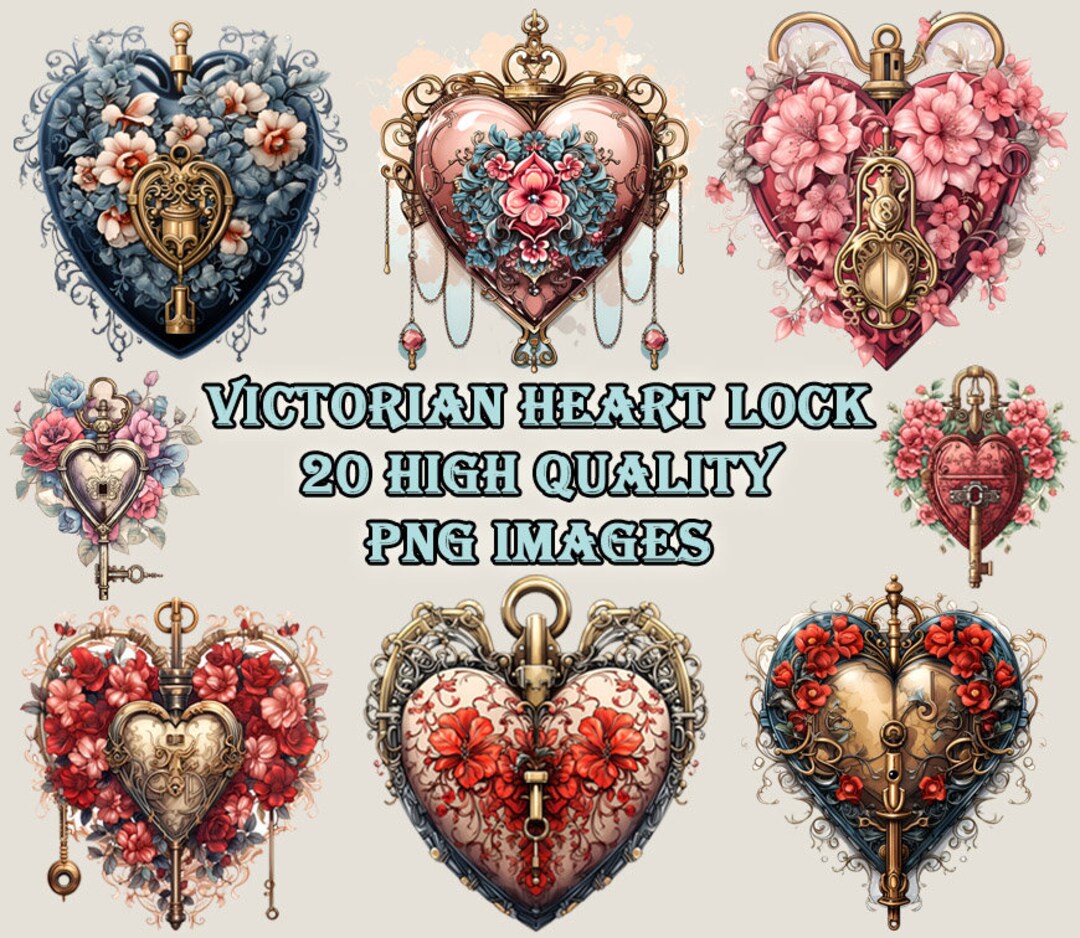 Victorian Heart Lock and Key Clipart, Vintage Valentine's Day PNG Clip ...