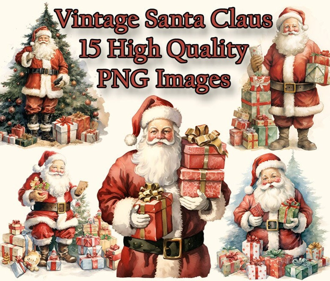 Vintage Santa Claus Clipart, Retro Watercolor Christmas PNG Clipart ...