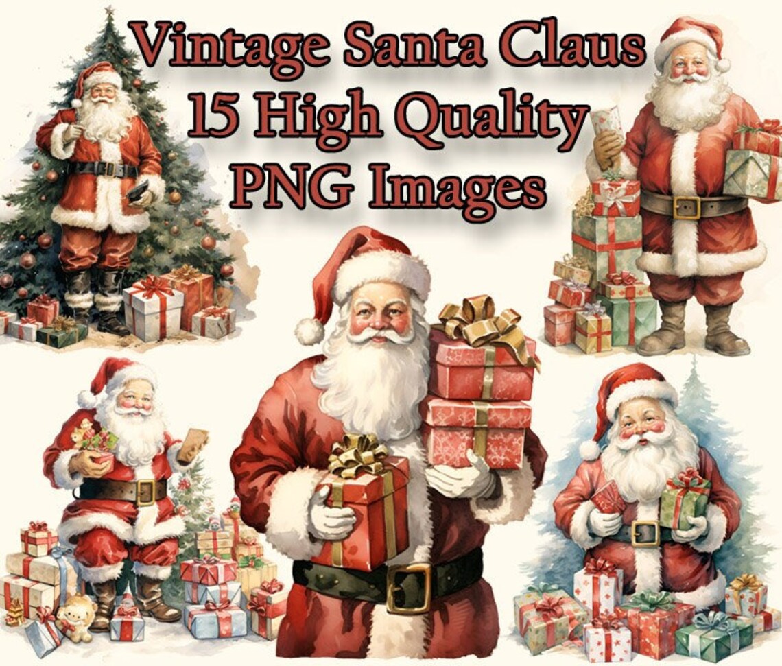 Vintage Santa Claus Clipart Retro Watercolor Christmas PNG - Etsy