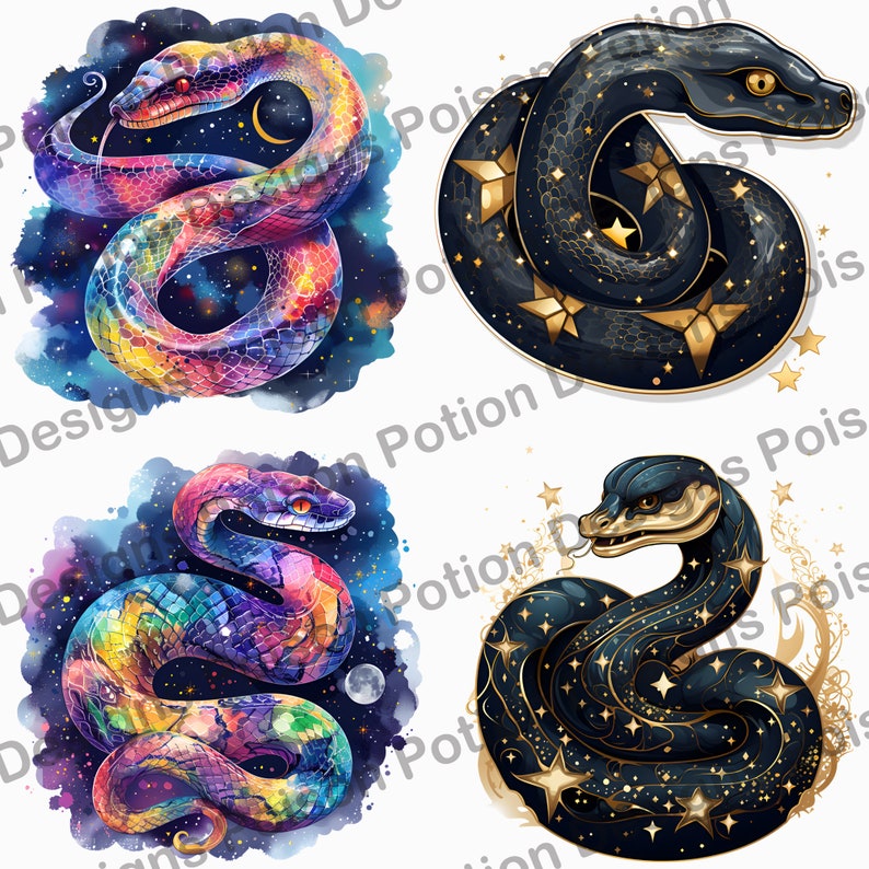 Celestial Snake Clipart, Goth Watercolor PNG Clip Art, Cosmic Serpent ...