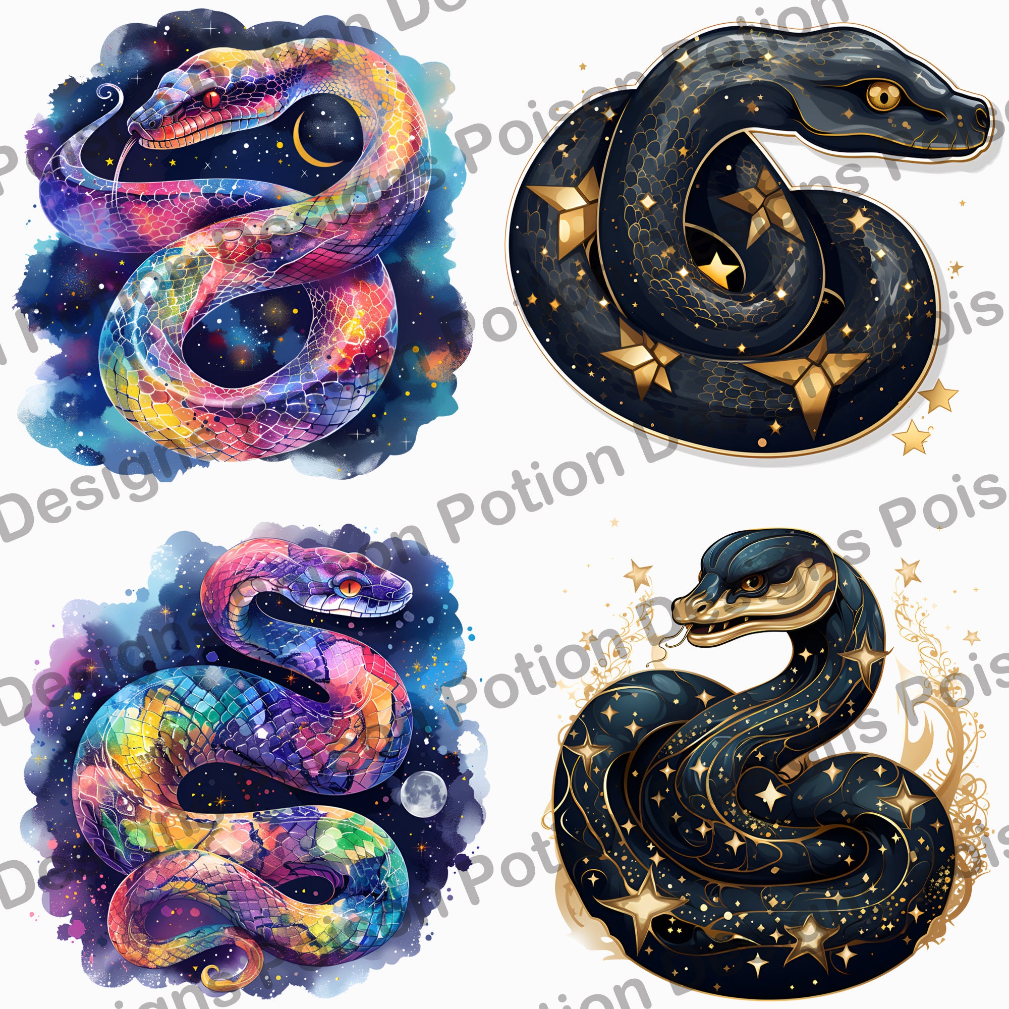Celestial Snake Clipart, Goth Watercolor PNG Clip Art, Cosmic Serpent ...