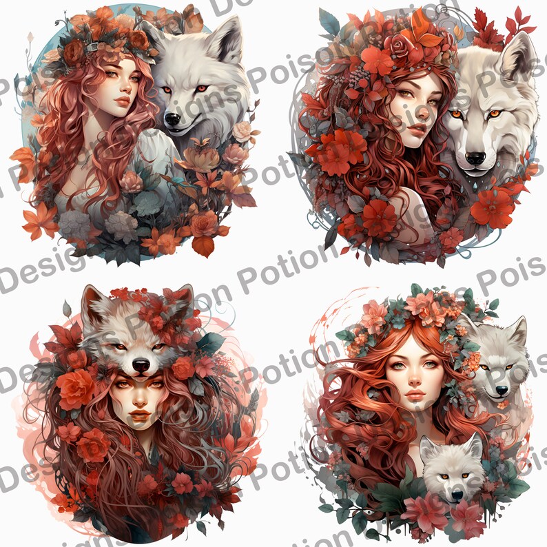 Beautiful Red Headed Wolf Queen Clipart, Fantasy Watercolor PNG Clip ...