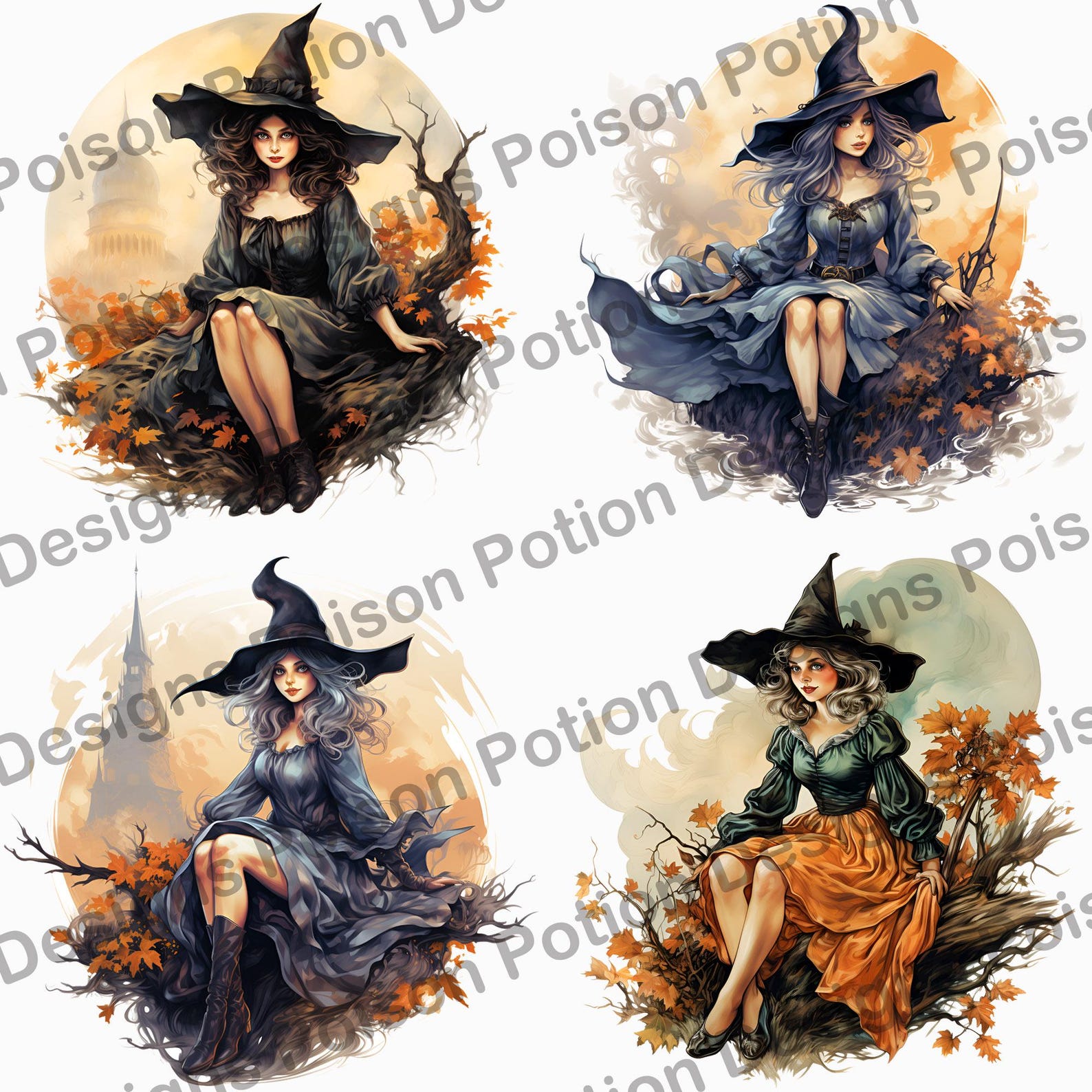 Classic Fall Witch Clipart, Retro Halloween Watercolor PNG Clip Art ...