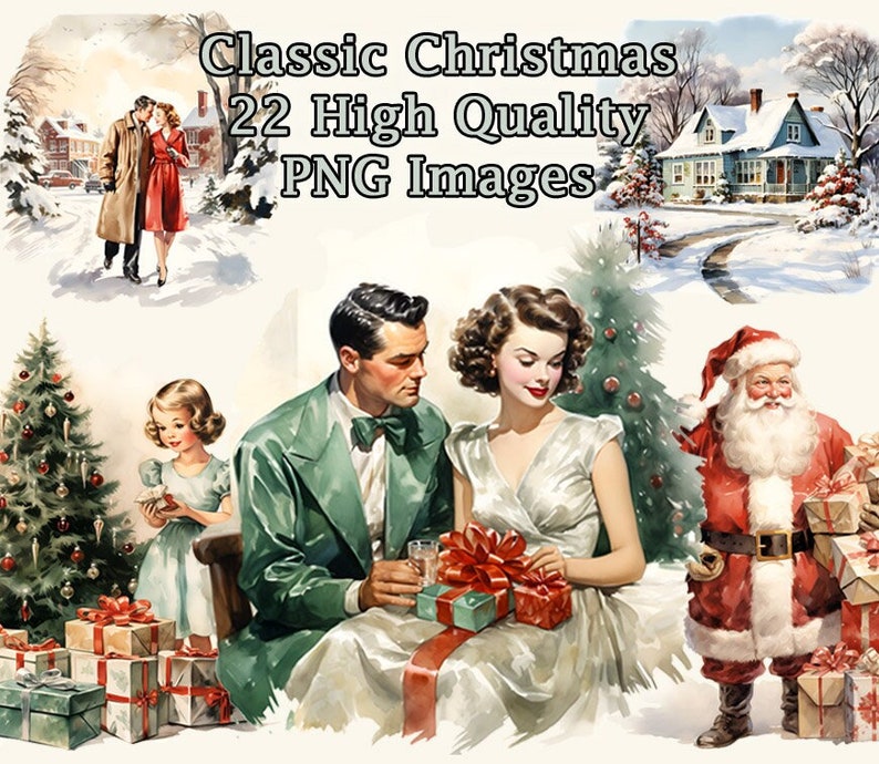 Classic Christmas Clipart, Vintage Santa & Winter Scenery Watercolor ...