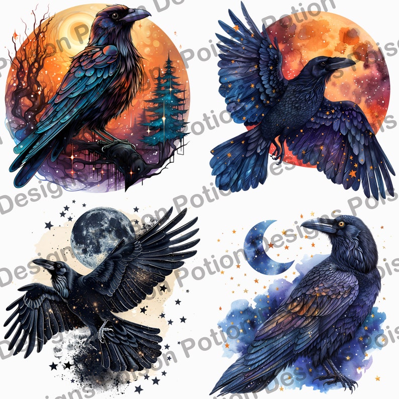 Cosmic Raven Clipart, Gothic Fantasy Watercolor PNG Clip Art, Celestial ...
