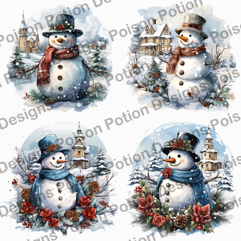 Winter Scenery Snowman Clipart, Classic Holiday Watercolor PNG Clip Art ...