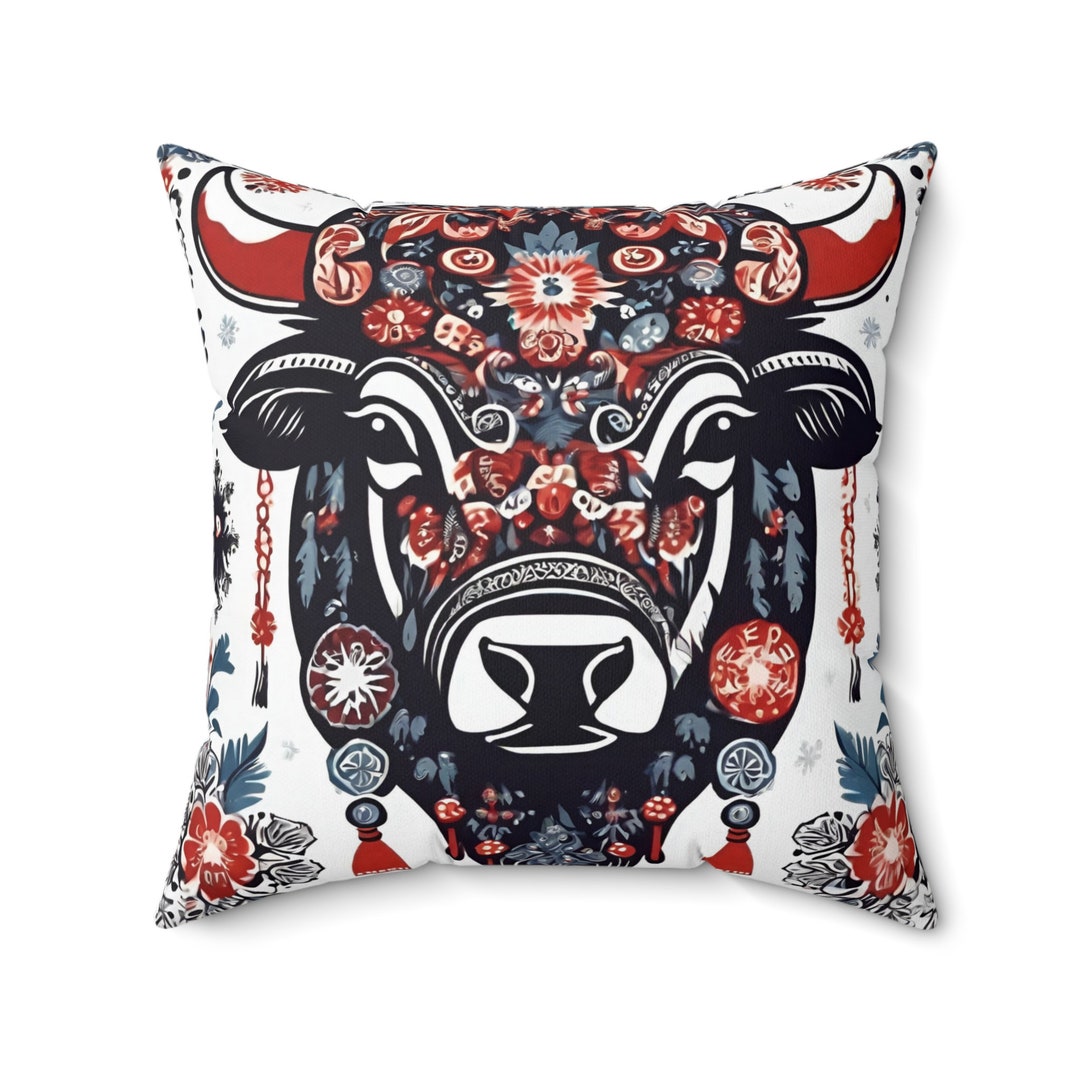 Beautiful Bison Folk Art Style Spun Polyester Square Pillow - Etsy