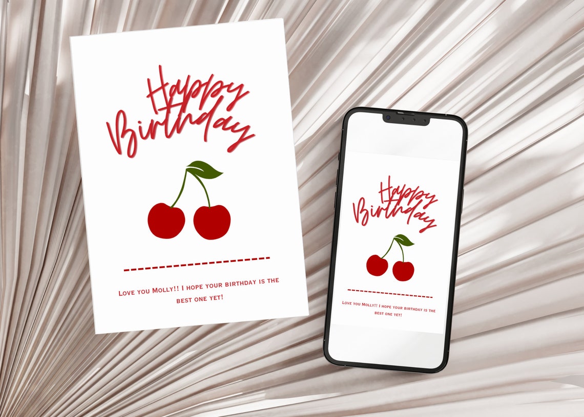 Cherry Happy Birthday Card Template, Cute Happy Birthday Card Template ...