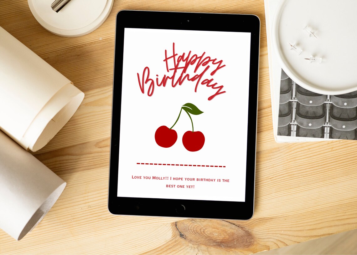 Cherry Happy Birthday Card Template DIY Bday Instant Download Trendy ...