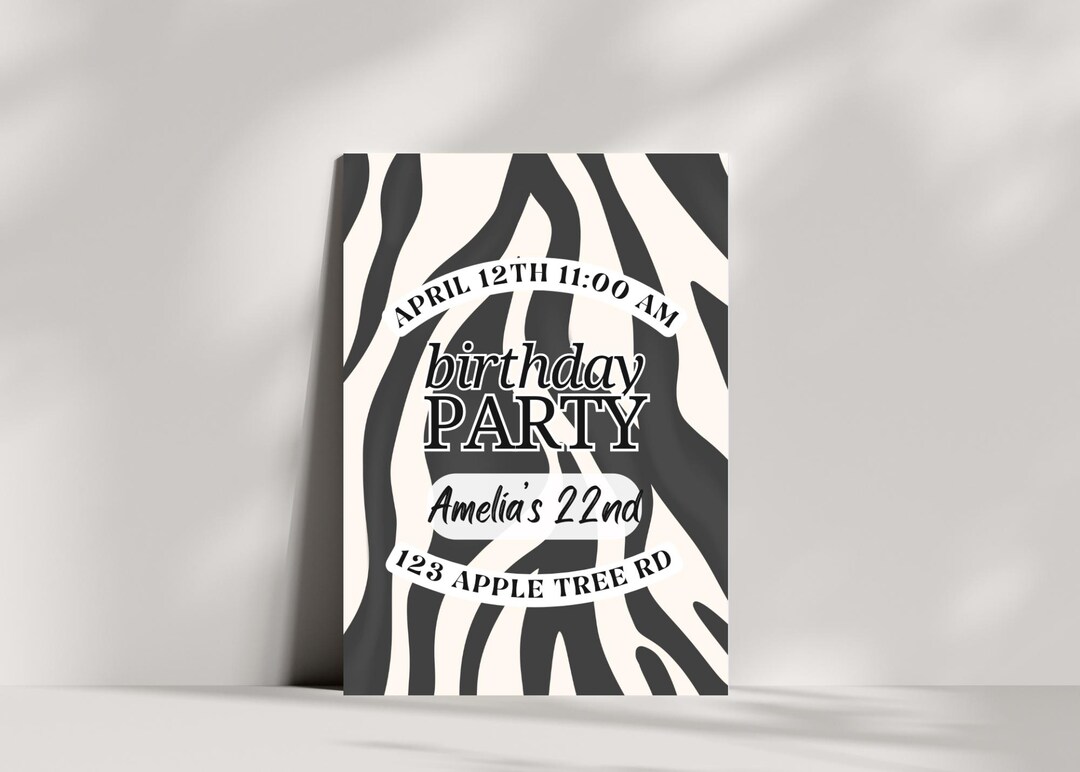 Zebra Birthday Invitation Template, Animal Print Black and White ...