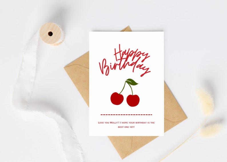 Cherry Happy Birthday Card Template DIY Bday Instant Download Trendy ...