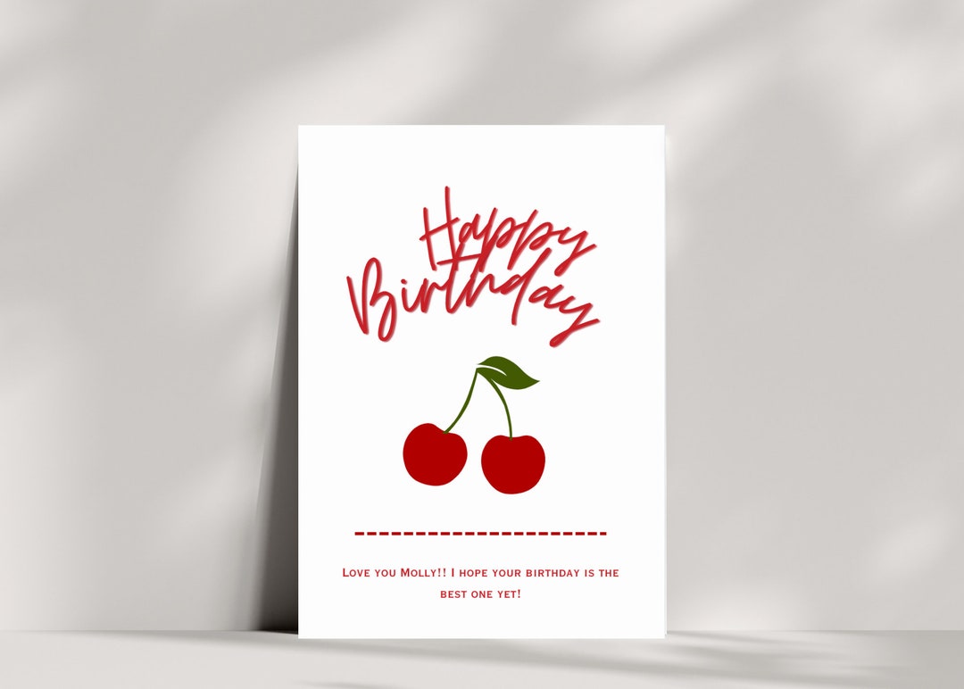 Cherry Happy Birthday Card Template DIY Bday Instant Download Trendy ...