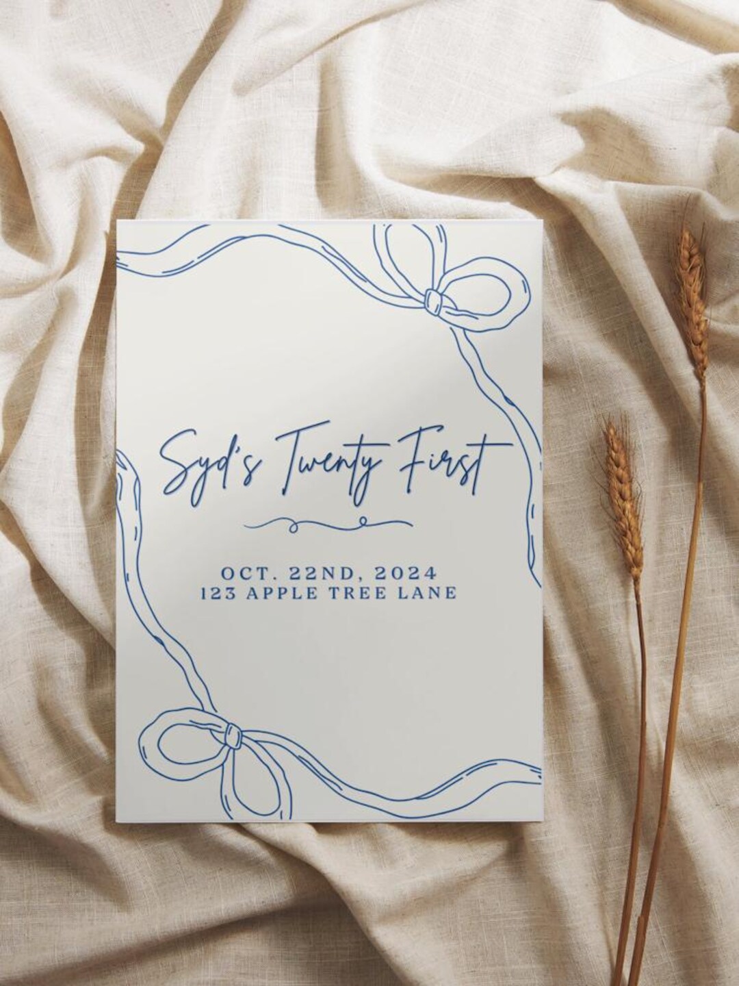 Bow Birthday Invitation Template | Coquette Party Invite | Blue ...