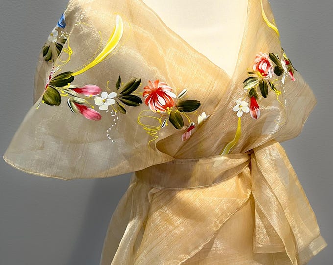 Handpainted Filipiniana Pañuelo | Beige Sheer Shawl With Floral Design ...