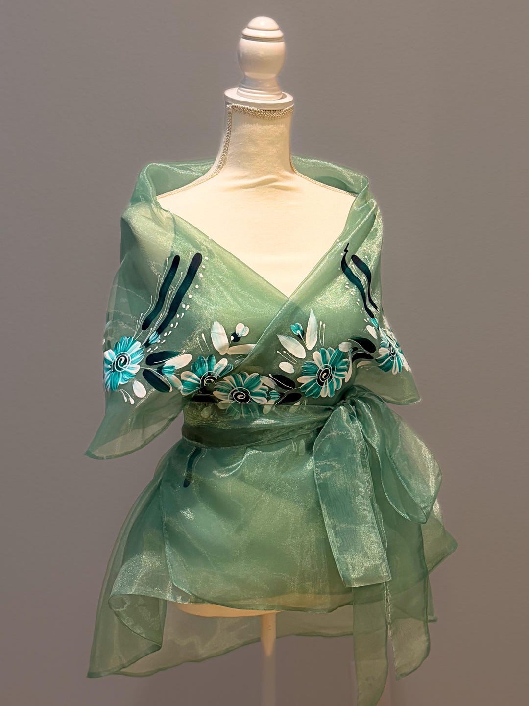 Handpainted Floral Filipiniana Pañuelo / Alampay: Sage Green Sheer ...