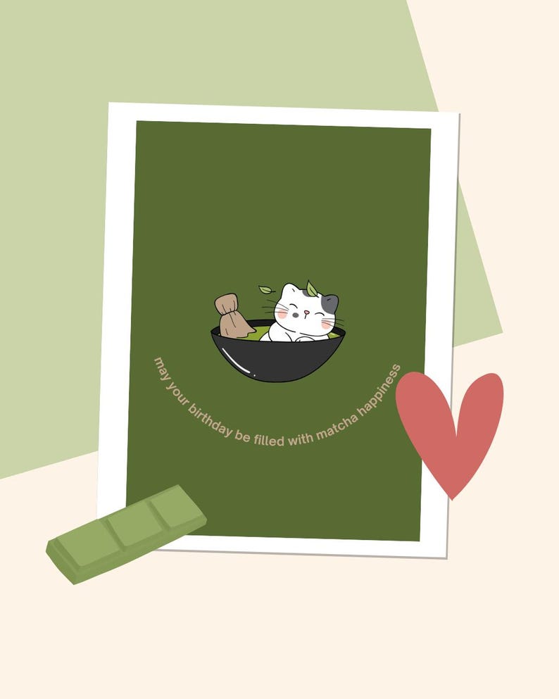 Matcha Cat Birthday Card – Cute Kawaii Tea Lover Postcard | Printable ...