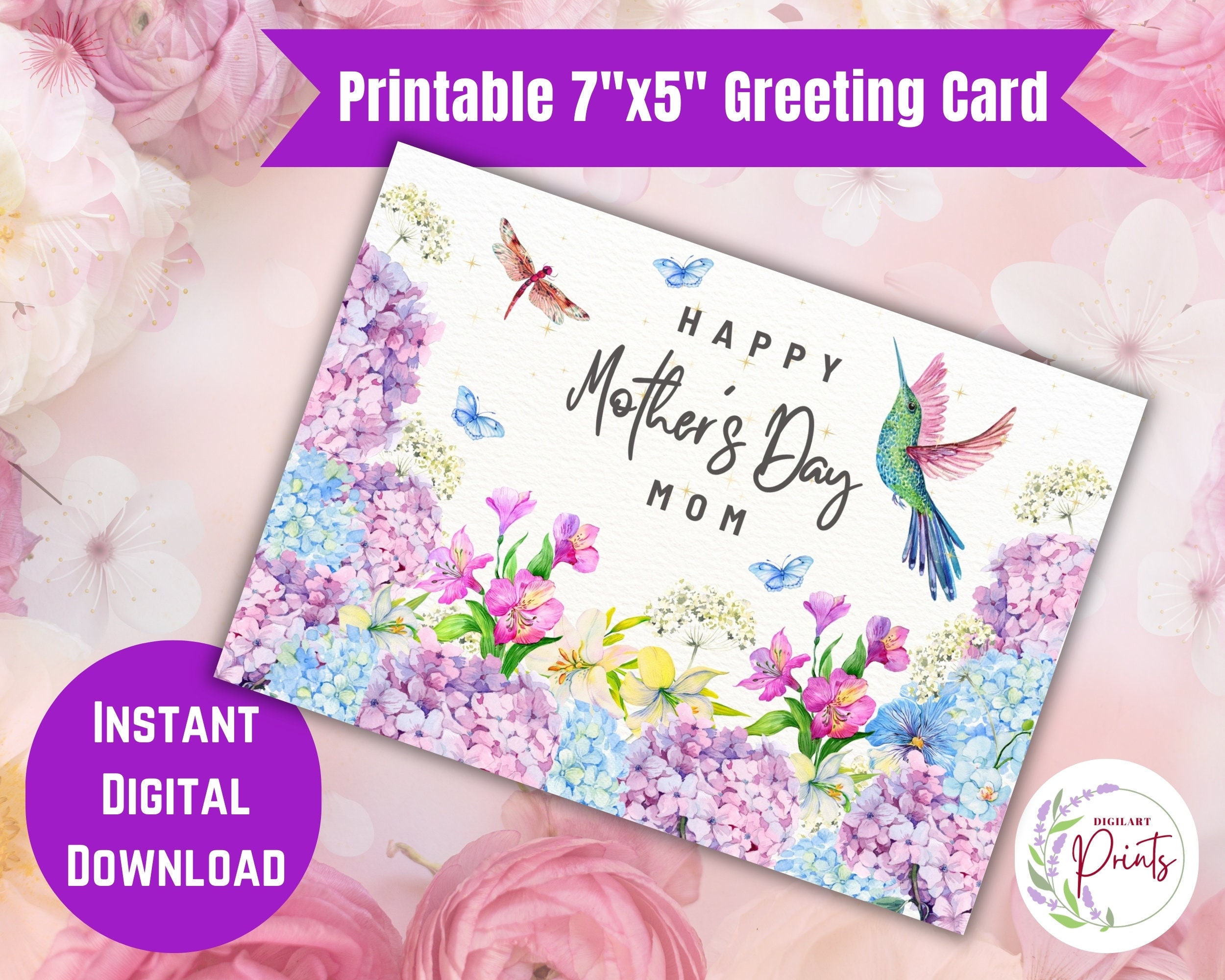Printable Digital Hydreangea Garden Mother's Day Floral Card, Mom's ...