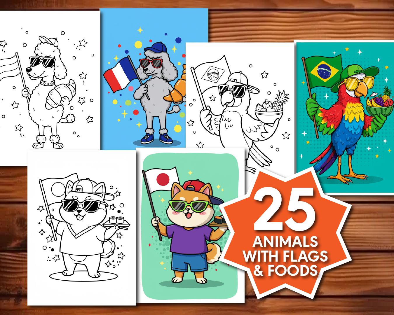 Patriotic Animal Country Coloring Page Bundle – 25 Cute Cartoon Animals ...