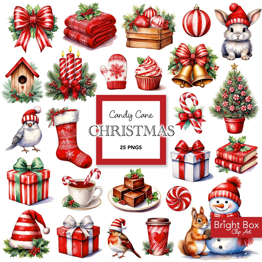 Candy Cane Christmas Clip Art Red White Woodland Animals Snowman ...