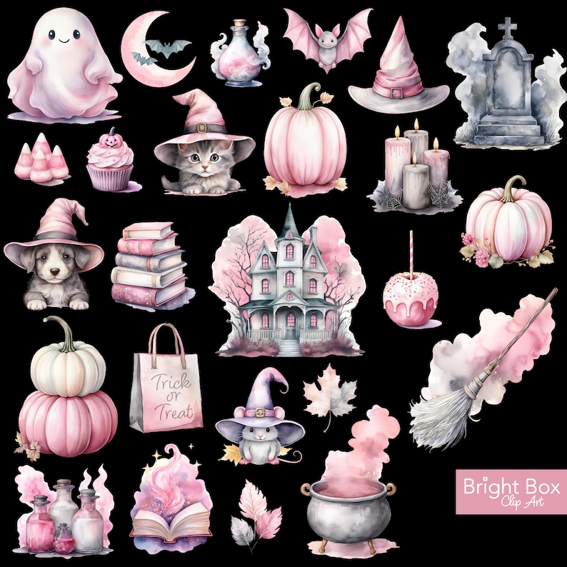 Pink Halloween Clip Art Pumpkins Clipart Cute Kitten Puppy Ghost Bat ...