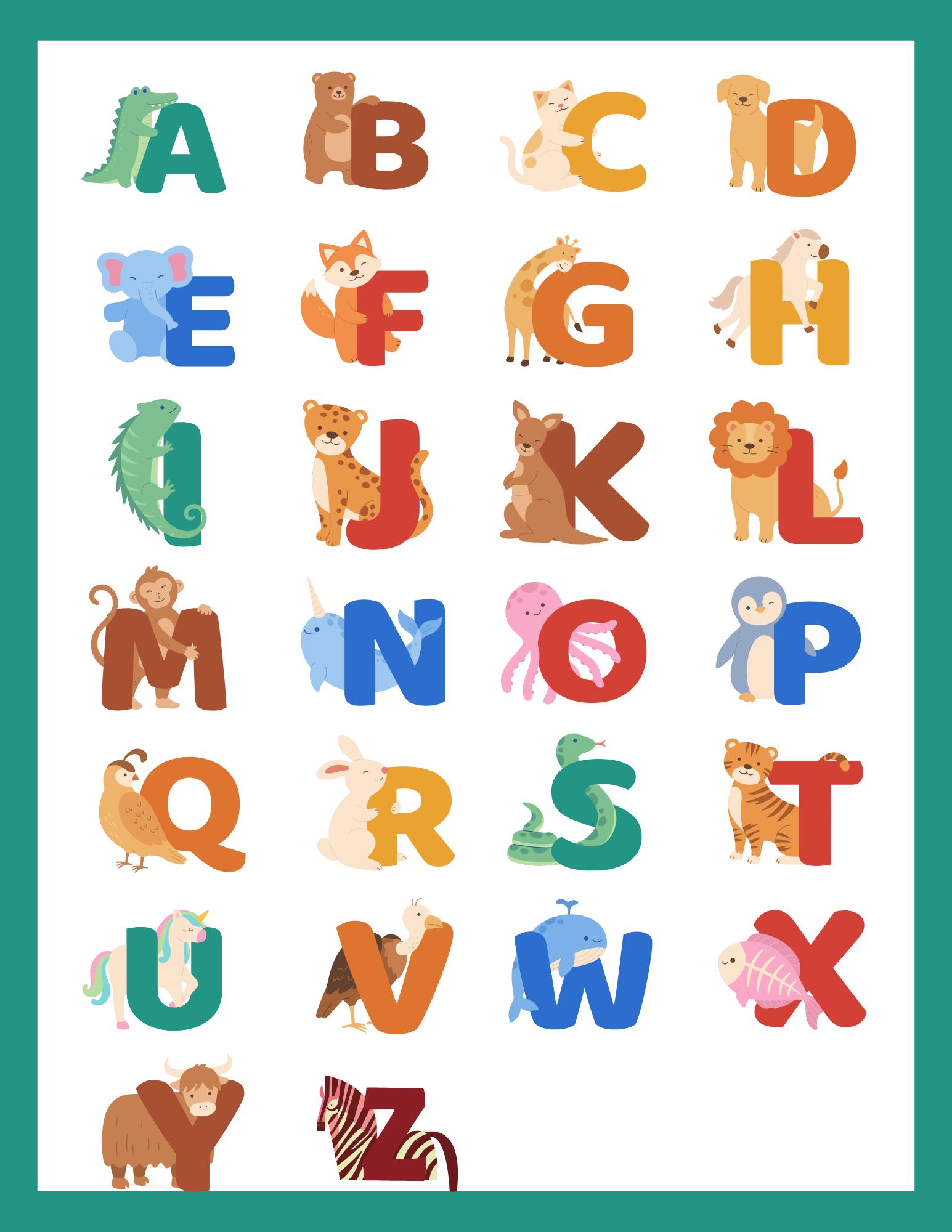 Alphabet Animals Poster - Fun Educational Printable With Teal ...