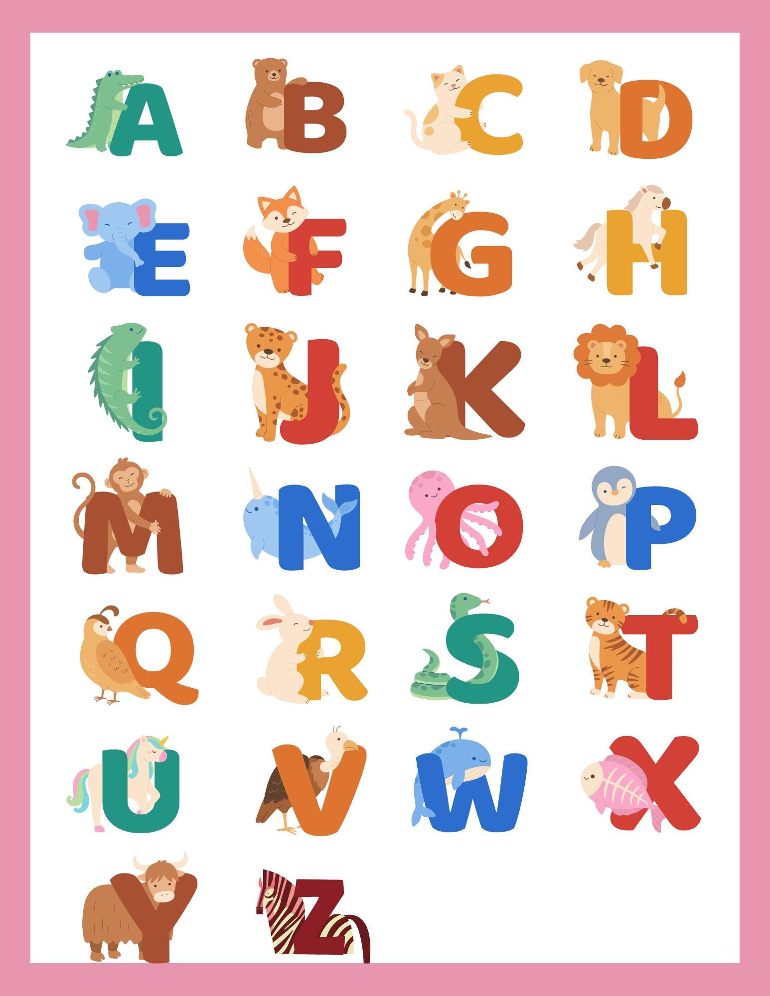 Alphabet Animals Poster - Fun Educational Printable With Pink ...