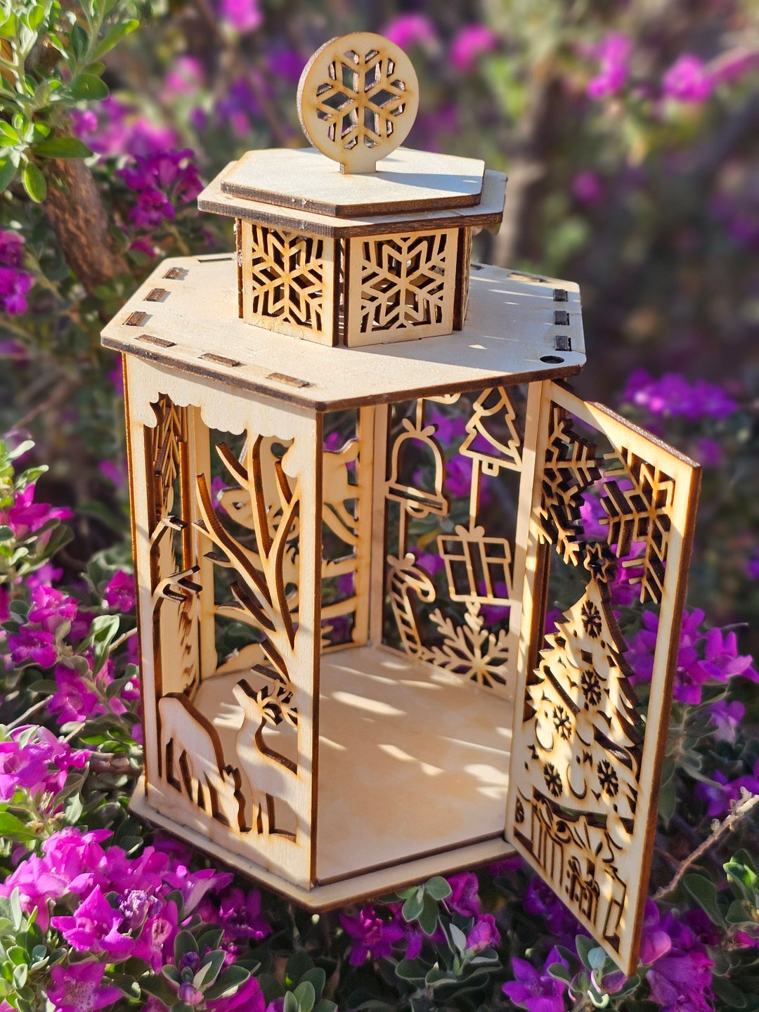 Wooden Lantern Christmas Decor Laser Cut Lanter With Flameless LED ...