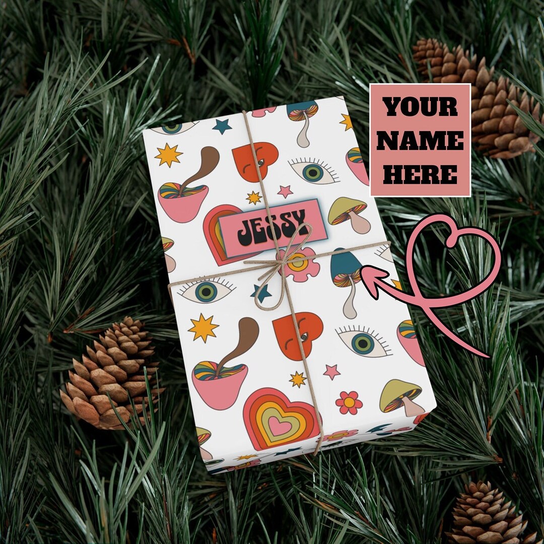 Retro Fungi Custom Name Wrapping Paper Roll, Boho Personalized Wrapping ...