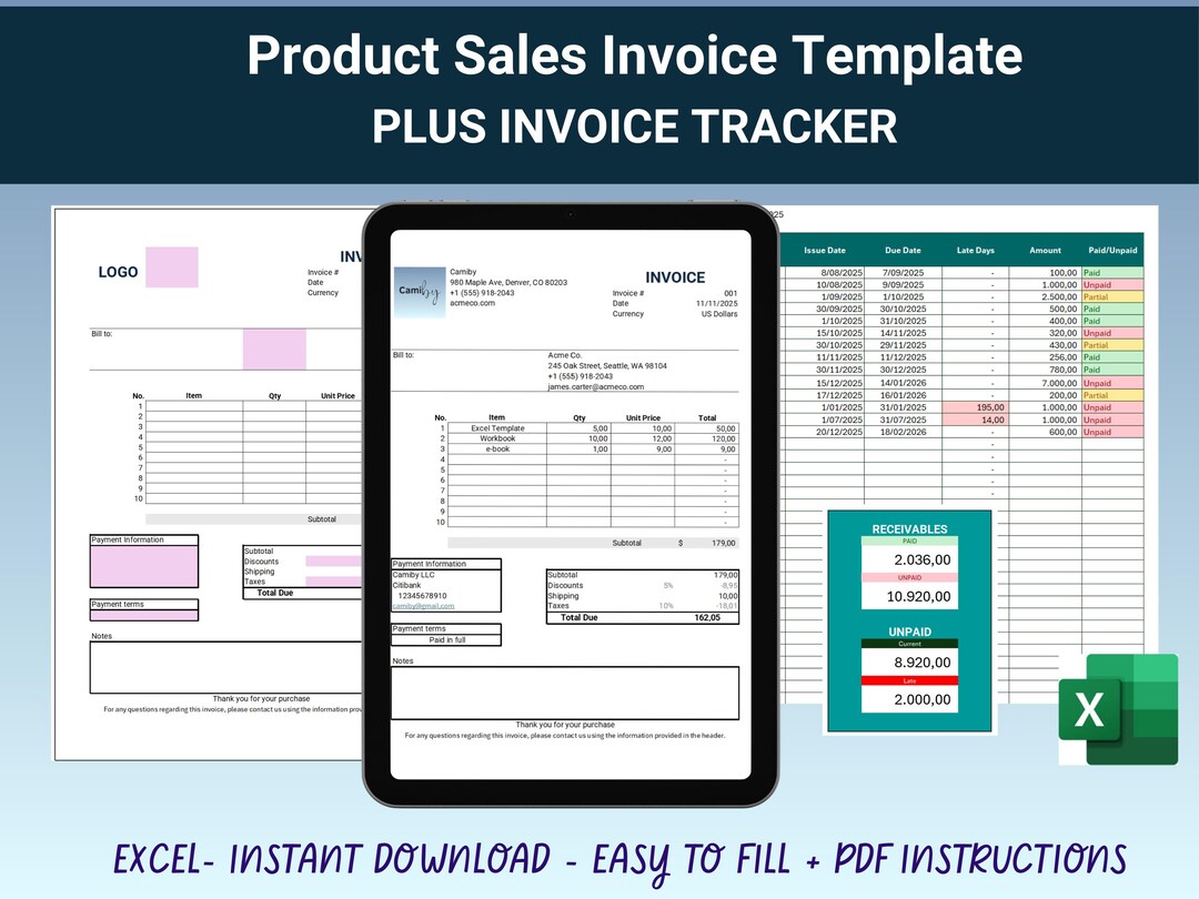 Excel Invoice Template + Payment Tracker | Auto Totals & Paid/unpaid ...