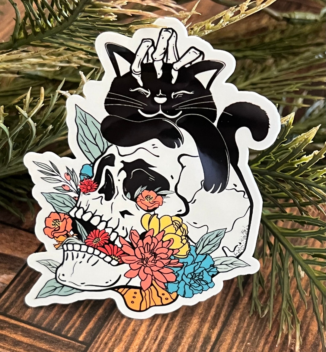 Cat and Skull Sticker; Gift; Cute Sticker; Halloween Sticker; Spooky ...