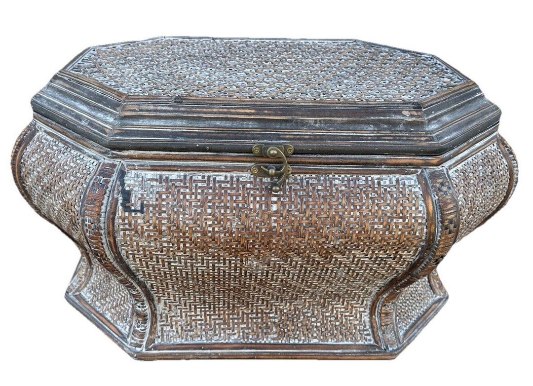 Vtg Woven Wicker Lidded Latch Wood Storage Basket Box - Etsy
