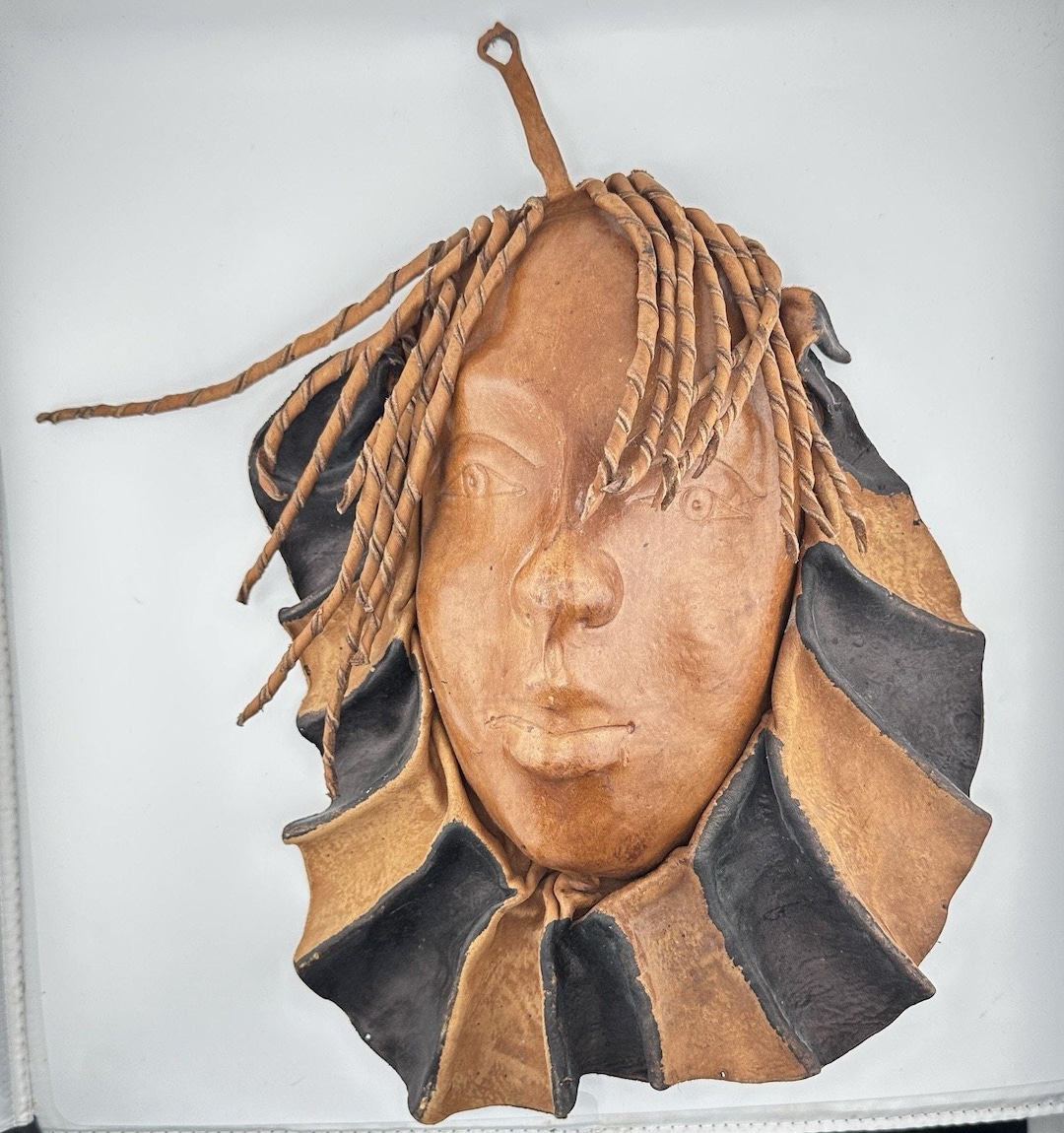 Vintage Leather Wall Mask Sculpture Dreadlocks Face Art African Style ...