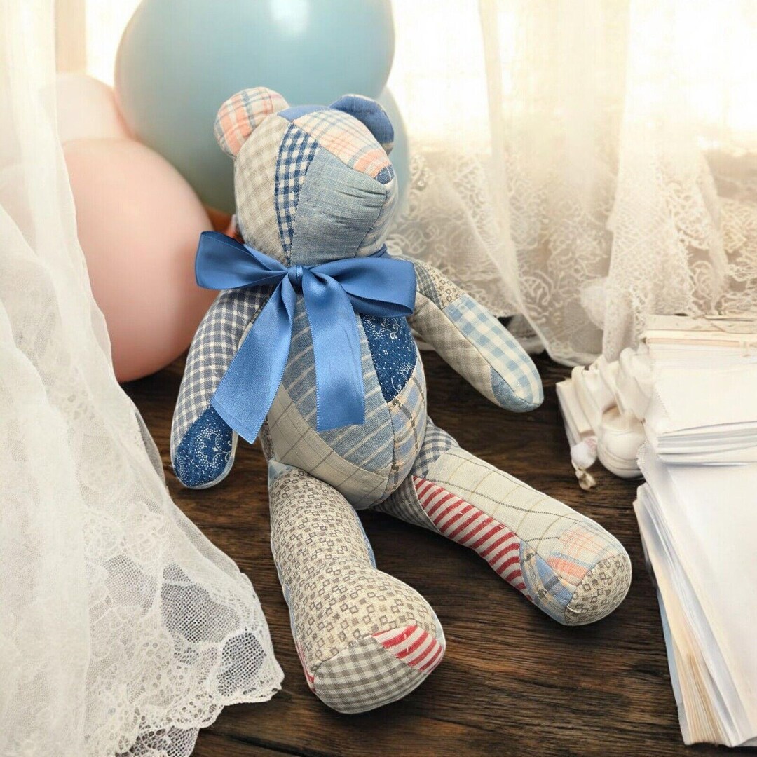 Handmade Vintage Faceless 11" Tall Blue Patchwork Quilt Stuffed Bear ...