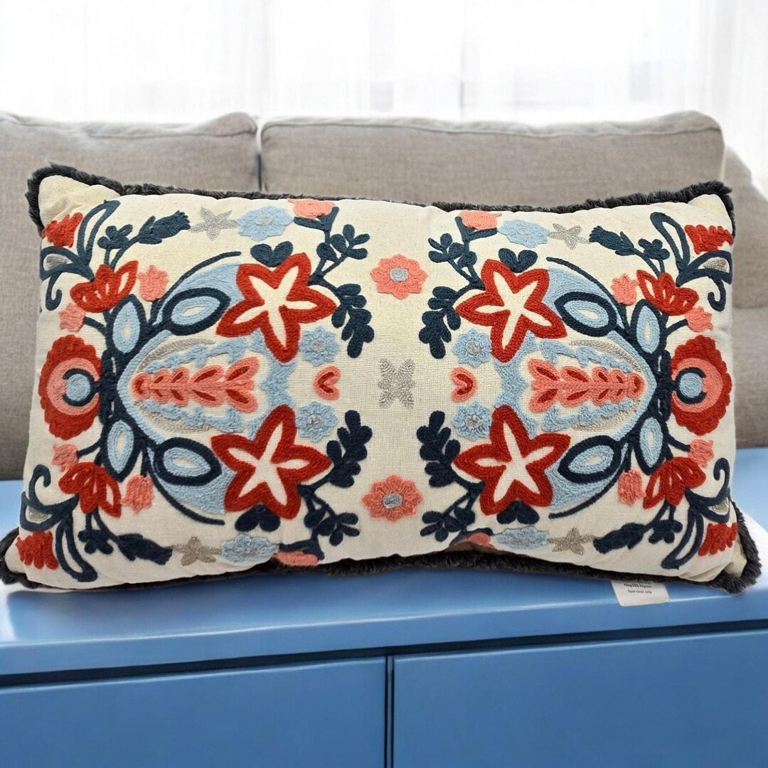 Set of 2 Embroidered Fringed Bold Eye Catching Floral Lumbar Throw ...