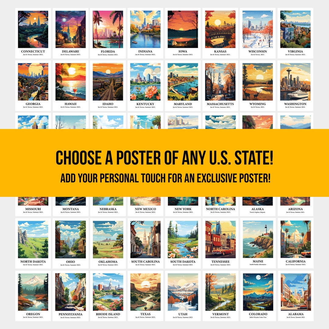 50 U.S. States Custom Print, Print, Digital Posters, Travel Prints ...