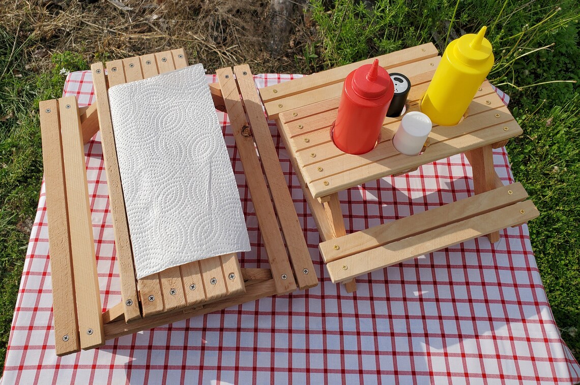 Rustic Cedar Wooden Picnic Table Condiment Holder and Paper Towel ...