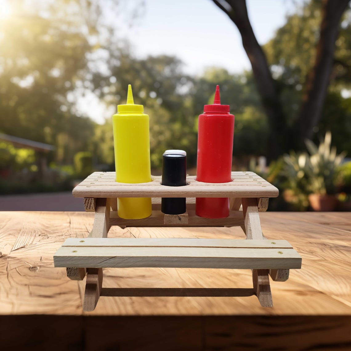 Rustic Cedar Wooden Picnic Table Condiment Holder and Paper Towel ...