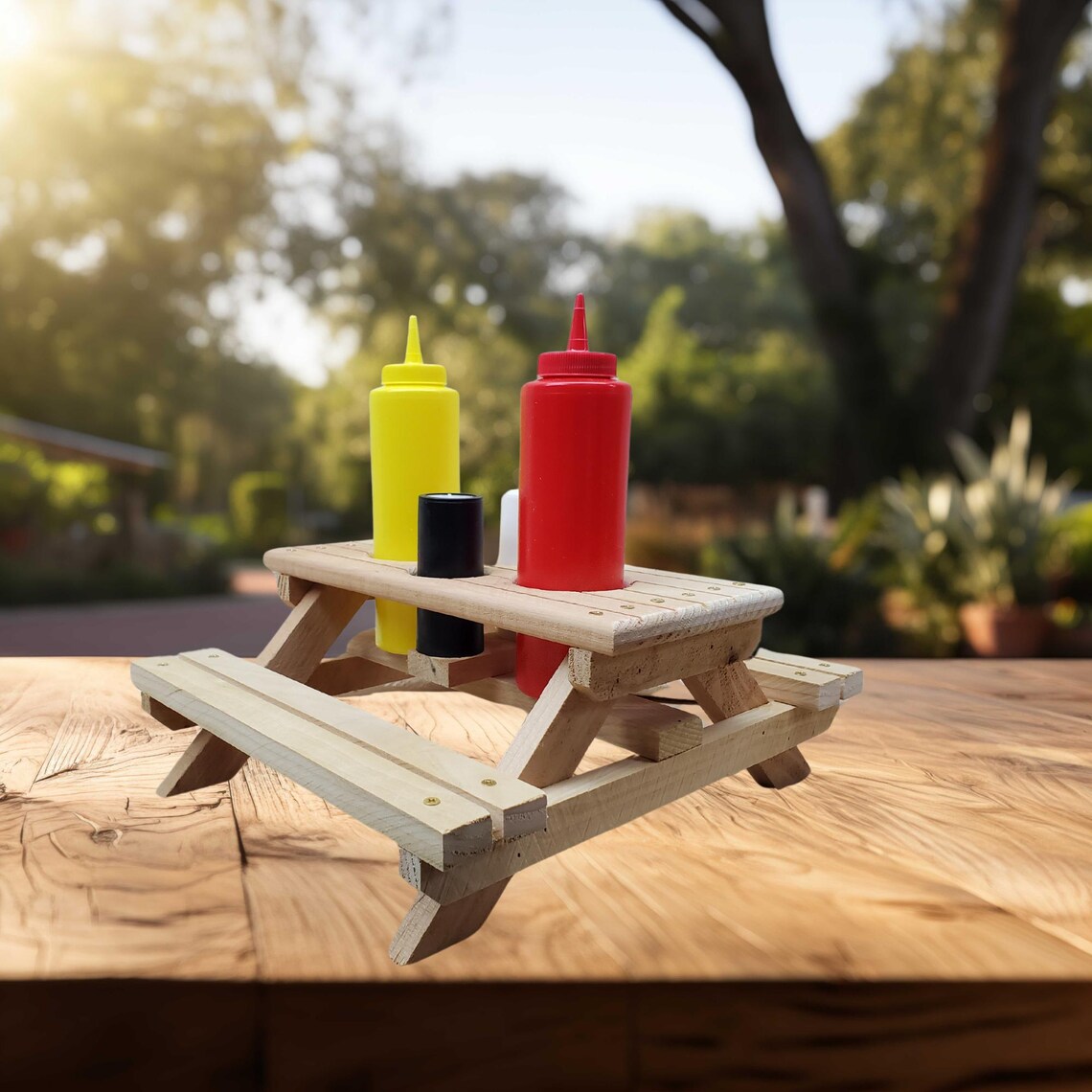 Rustic Cedar Wooden Picnic Table Condiment Holder and Paper Towel ...