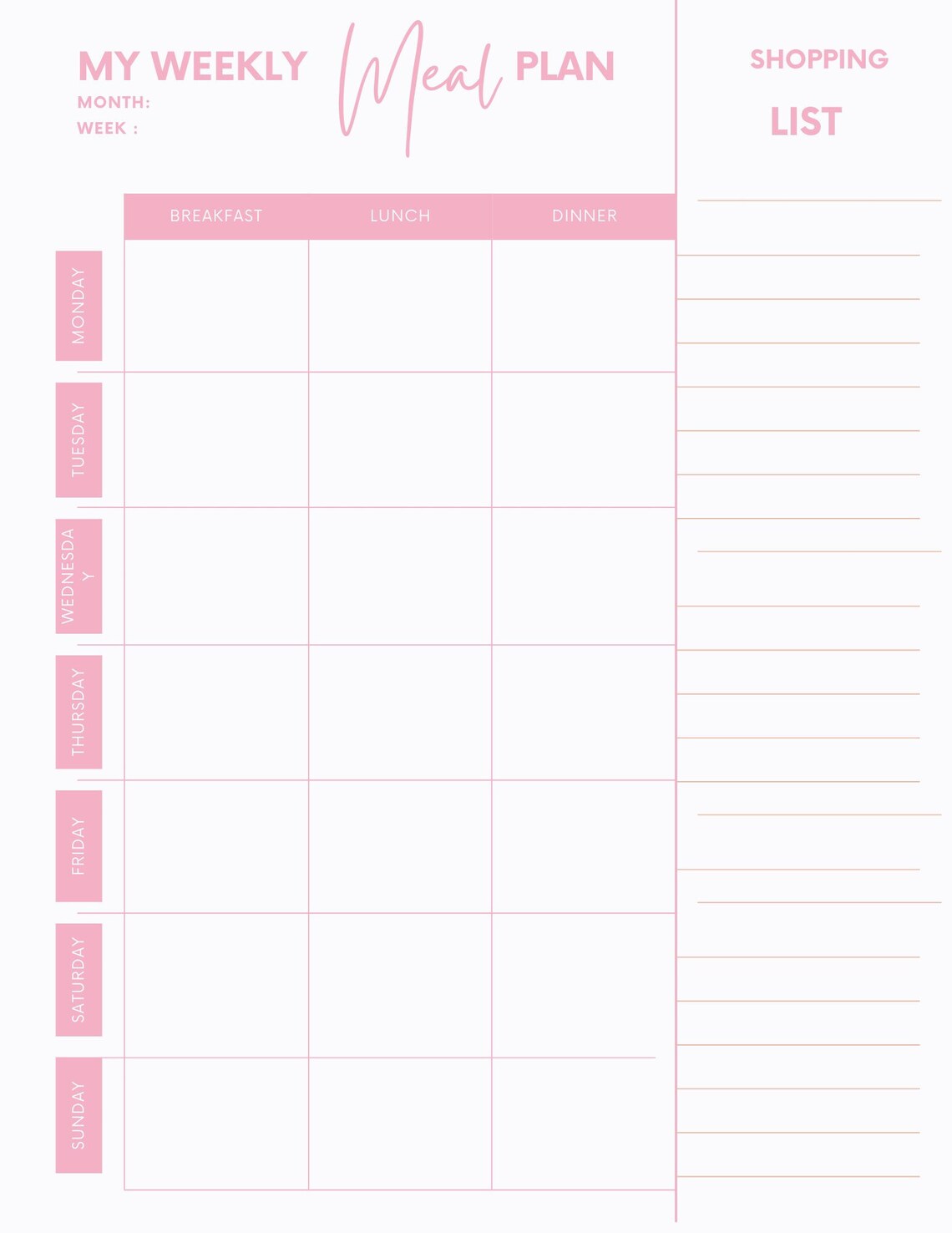 Pastel Pink Weekly Meal Planner - Etsy