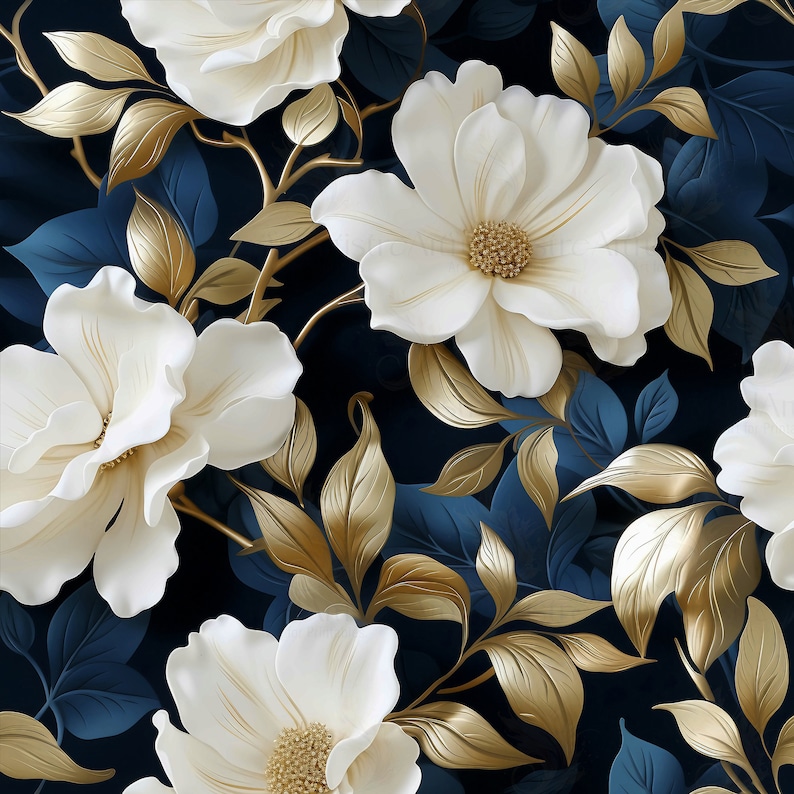 Magnolia Floral Pattern Navy Blue Luxurious Gold Leaves Elegant Non ...