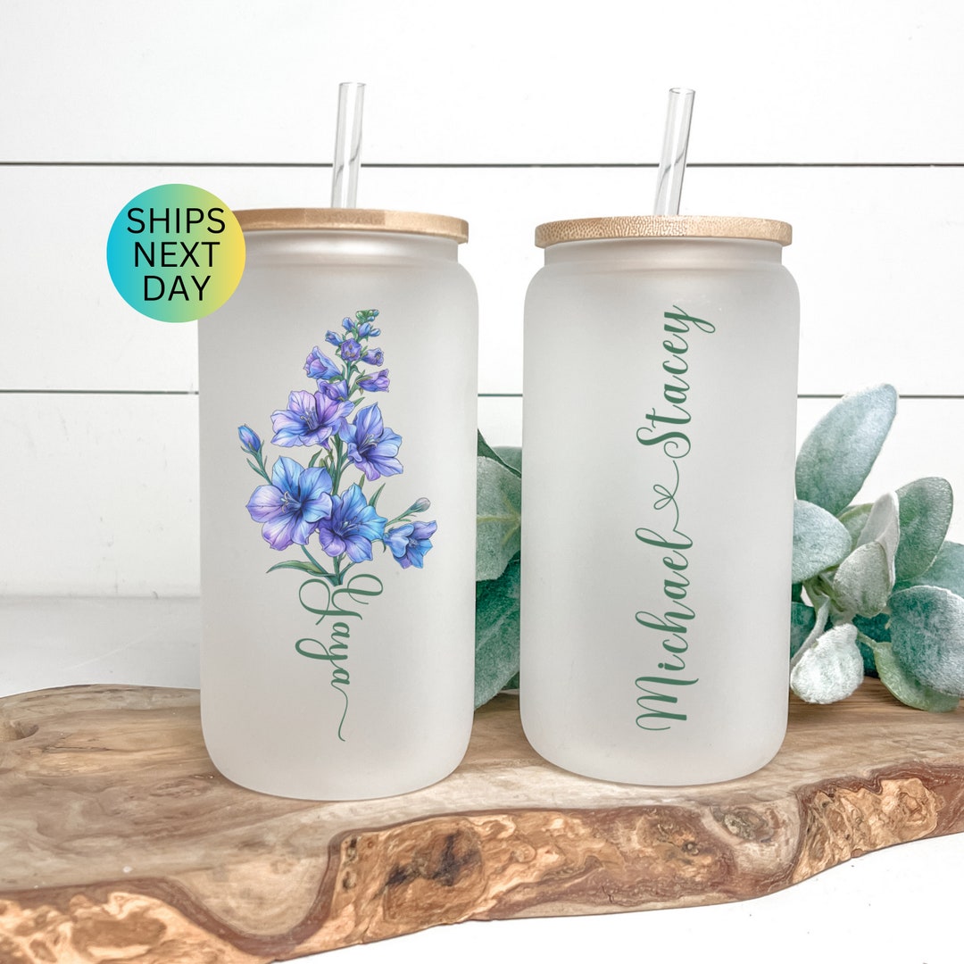 Personalized Yaya Birth Flower Glass Cup + Name, Yaya Glass Can + Kids ...