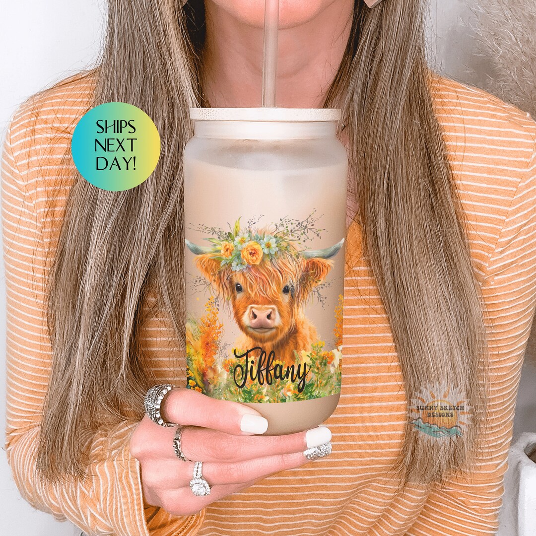 Personalized Highland Cow Glass Cup, Personalized Highland Cow Frosted ...