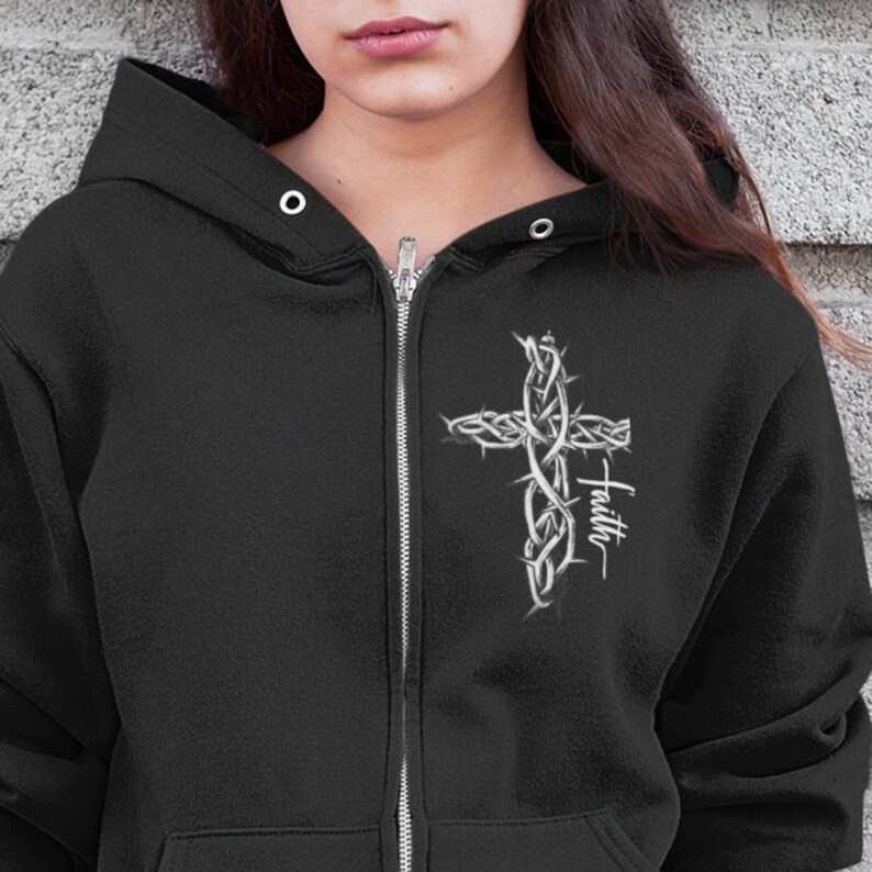 Full Zip up Hoodie Sweatshirt With Cross Zip up Faith Hooded Sweatshirt Black Faith Zip up ...