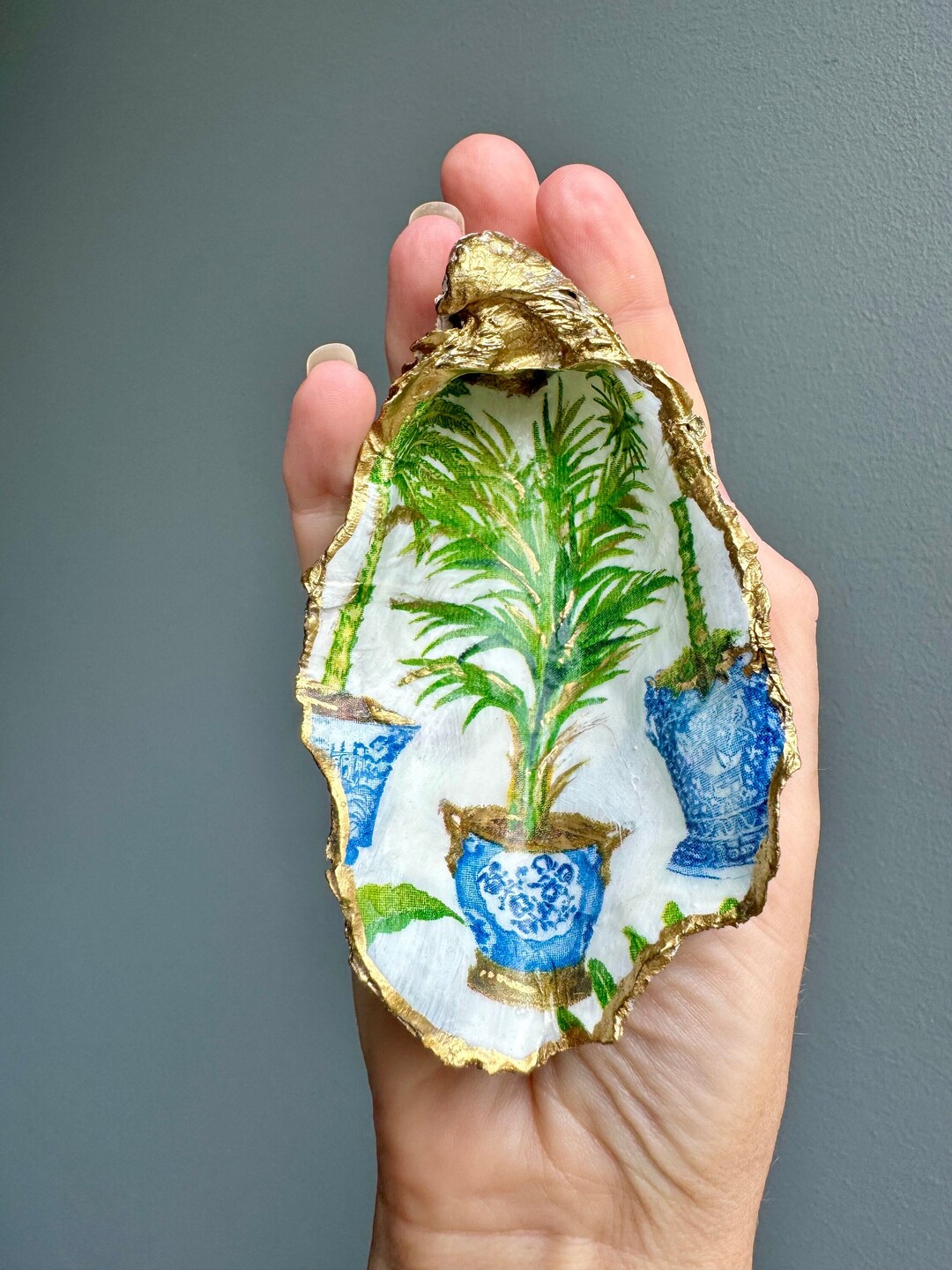 Oyster Shell Trinket Dish Hamptons Chinoiserie Coastal Pattern Blue and ...