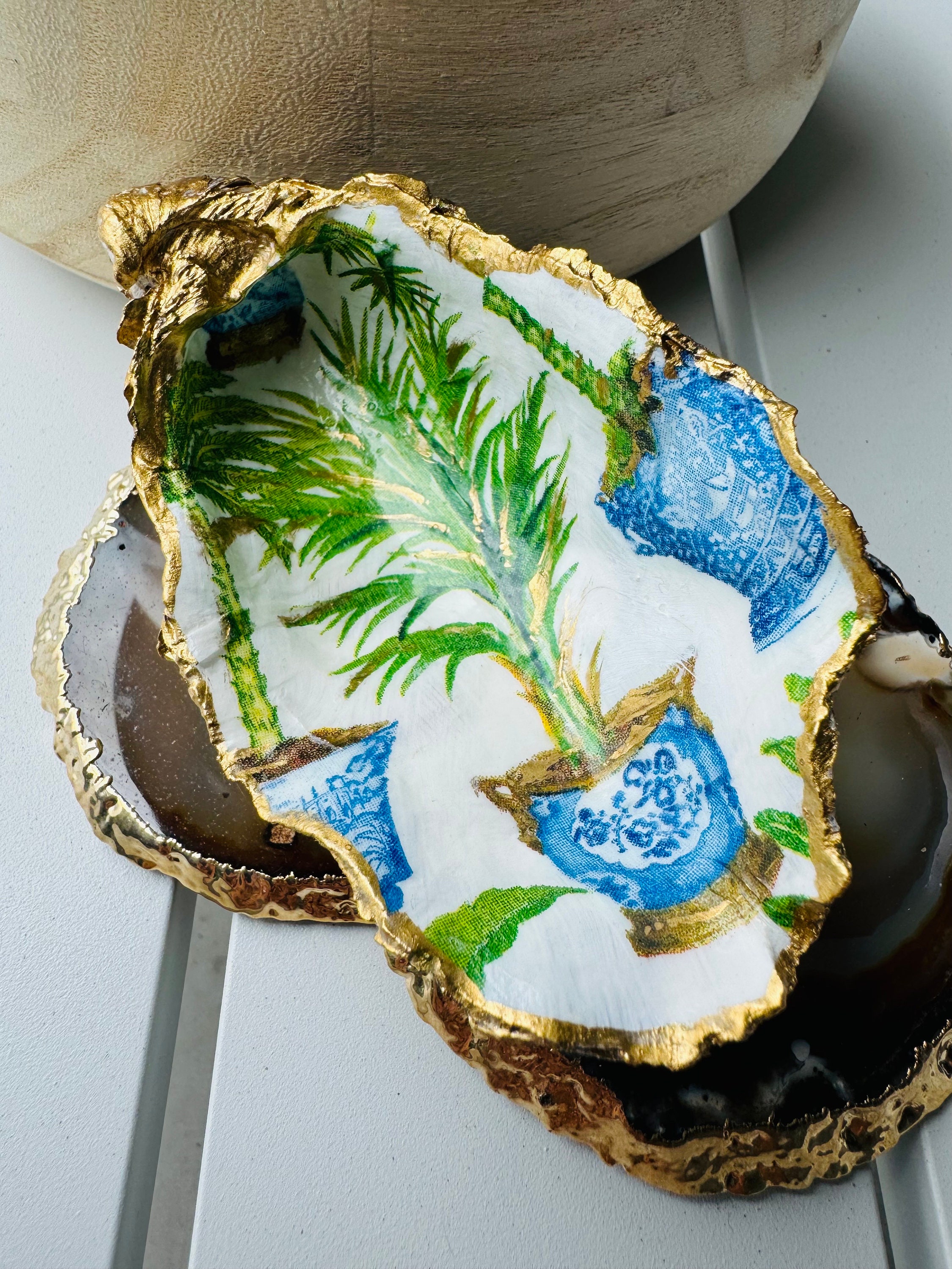 Oyster Shell Trinket Dish Hamptons Chinoiserie Coastal Pattern Blue and ...