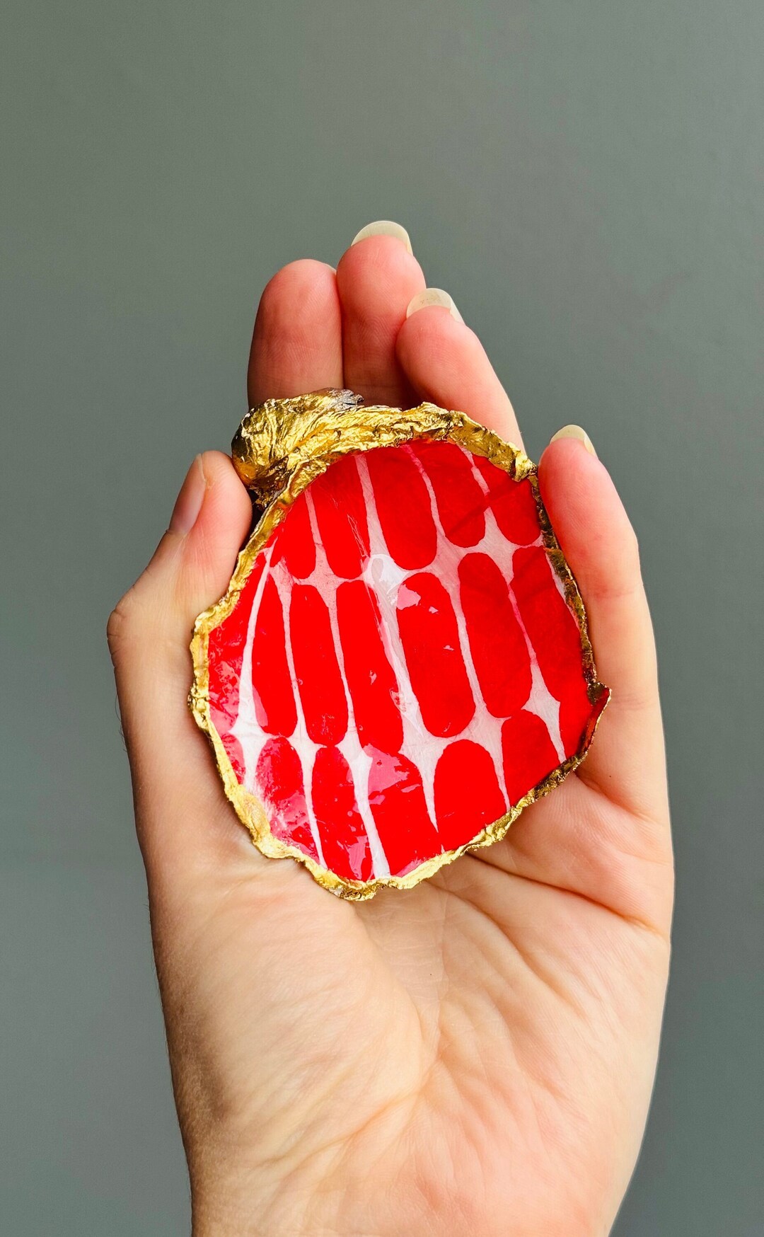 Red Oyster Shell Trinket Dish Hand Decorated Home Decor Ornament in ...