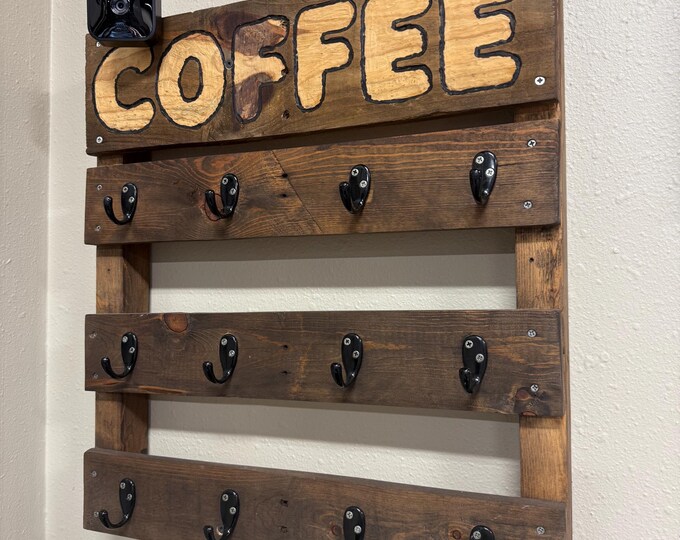Rustic Wood Coffee Cup Rack 12 Mug Hooks Wall Homemade - Etsy