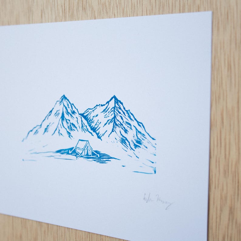 Mountain Camping Linocut Print - Etsy