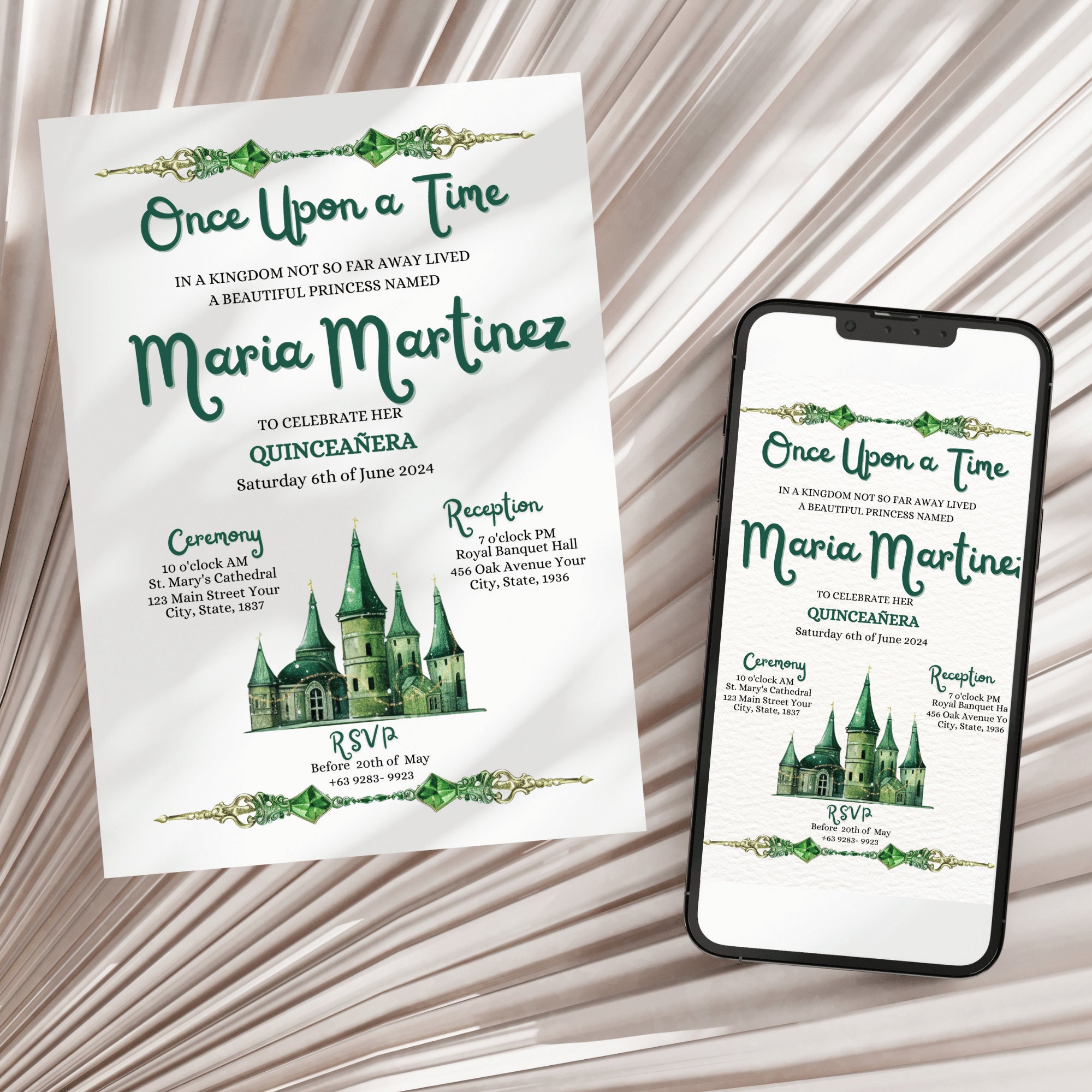 Once Upon a Time Quinceanera Invitations Template - Emerald Green ...